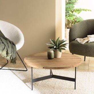 Macabane DANDY - Table basse ronde 70x70cm bois Pin recycl&eacute; et pieds m&eacute;tal noir