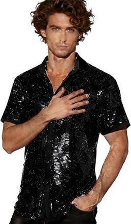 Generic Chemise pour homme &agrave; manches courtes et paillettes brillantes, col &agrave; revers, chemise boutonn&eacute;e, coupe d&eacute;contract&eacute;e, chemise brillante, sans plis, resp
