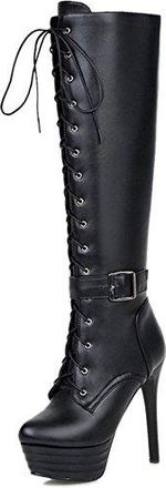 SJJH Bottines hautes pour femme avec talon et lacets, Noir, 38 EU