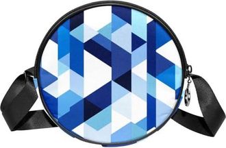 Generic Petit sac &agrave; bandouli&egrave;re rond pour femme, motif g&eacute;om&eacute;trique bleu, avec fermeture &eacute;clair, bretelles r&eacute;glables, sac &agrave; main rond d&eacute;contract&eacute; pour femmes e