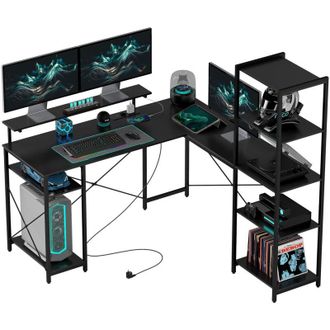 HOMCOM Schreibtisch Gaming Tisch l Form mit Regal, Computertisch mit Monitorst&auml;nder, Steckdose, USB-Ladeanschluss Eckschreibtisch f&uuml;r Heimb&uuml;ro