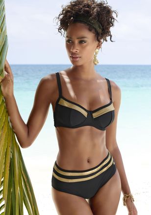 Lascana Bikini-Hose LASCANA Elodie, Damen, Gr. 32, N-Gr, gold (schwarz, goldfarben), Recycling-Polyamid, unifarben mit Farbeinsatz, Badehosen Bikini-Hose, mit