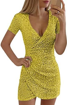 ORANDESIGNE Robe Brillante Paillette Femme Soiree Courte Disco Mini Robe Club Libertin Manche Courte Col V Robe Moulante Chic et Elegant Sexy Casual Cocktail Fête
