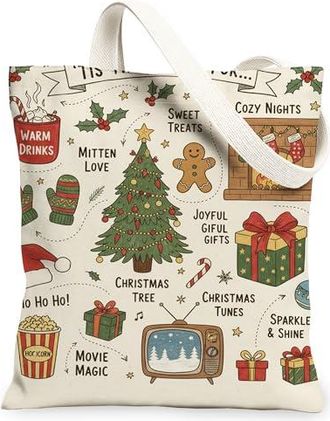 Generic Sacs fourre-tout en toile motif sapin de No&euml;l, sacs d&eacute;picerie r&eacute;utilisables, vintage, l&eacute;gers et lavables avec bandouli&egrave;re pour Tra, cr&egrave;me, 13x15 Inch