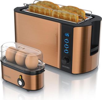 Arendo Fr&uuml;hst&uuml;cks-Set 2-teilig, 4 Scheiben Langschlitz-Toaster 1500W, 3er Eierkocher, Kupfer - Arendo