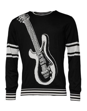 Dolce & Gabbana Mens Black White Guitar Silk Crew Neck Sweater And Clothing