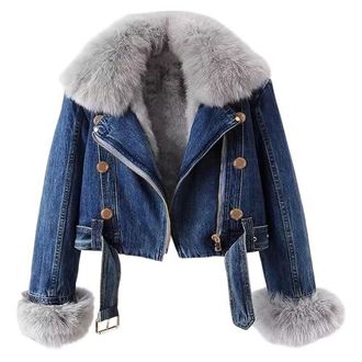 Generic Manteau dhiver en fausse fourrure pour femme - Veste en jean &eacute;paisse doubl&eacute;e de fausse fourrure - Manteau court doux amovible, noir fonc&eacute;, 3XL