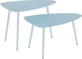 OUTSUNNY Lot de 2 Tables Basses de Jardin, Tables dappoint gigognes triangulaires, Cadre en Acier, avec Patins Ajustables pour Balcon, Patio, Jardin, Bleu Clai