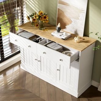 STILVORA Buffet et Enfilade avec 3 Portes et 2 Tiroirs, Ouverture Push-to-Open, Texture Gaufr&eacute;e, en Panneaux de Particules, Blanc, 120&times;36&times;80,5 cm