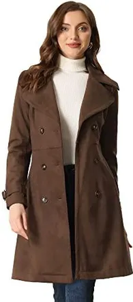 Allegra K Trench-coat à revers cranté pour femme en faux daim caban mi-long double boutonnage manteau hiver Café XL