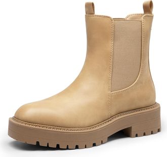 Dream Pairs Damen Chelsea Stiefeletten mit quadratischer Zehenpartie, modisch, mit niedrigem Absatz, Rutschfester Sohle, Herbst-Booties Schuhe,Size 41.5,Nackt-Nub