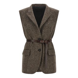 Brunello Cucinelli Weste mit Fischgr&auml;tmuster und G&uuml;rtel - - Jackets - Damen - Braun - M