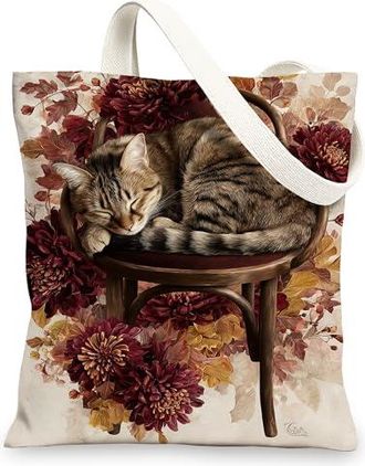 Generic Sacs fourre-tout en toile florale, motif chat vintage, sacs de courses réutilisables, légers et lavables en toile respectueuse de lenvironnement, Moti