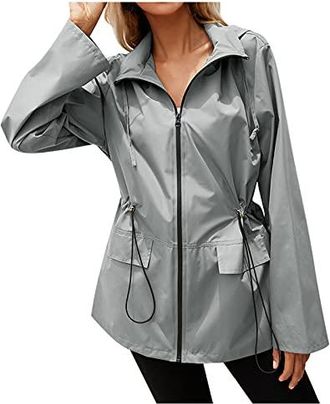 Generic Vestes pour femmes 2026 d&eacute;contract&eacute;es solides &agrave; capuche fermeture &eacute;clair coupe-vent manteau ceinture, gris, XL