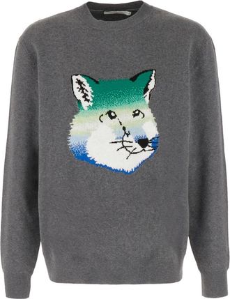 Maison Kitsun&eacute; Homme, Sweatshirts et sweats &agrave; capuche, Gris, Taille: L Pull Confort Intarsia T&ecirc;te de Renard Vibrant