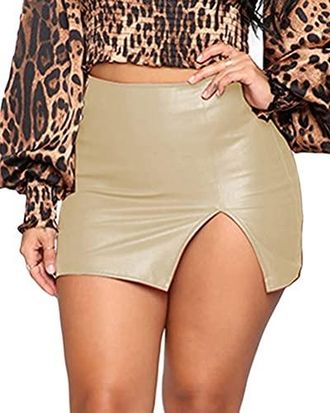 Minetom Femme Mini Jupe Moulante Simili Cuir Mouillé Courte Taille Haute Wetlook Ourlet Fendu PU Jupe De Fête Costume De Club A Beige XL