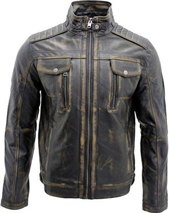 Infinity Hommes Vintage Veste motard en Cuir Noir L
