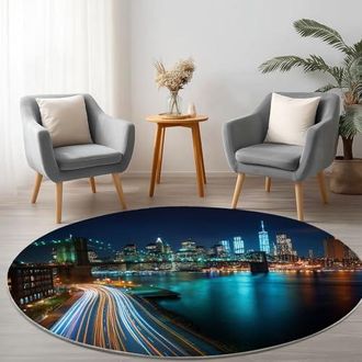 Generic Moderne Bleu Fonc&eacute; Doux Tapis Rond 180 cm, Lavable Antid&eacute;rapant Poil Ras Carpet, Motif Ville Architecture Pont Descente de Lit Chambre Adulte Salon Sa