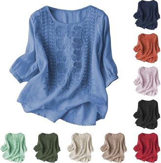 Generic Chemisier en lin pour femme - Manches 3/4 - Chemisier folklorique - Col rond - Avec boutonni&egrave;re - &Eacute;l&eacute;gant et ample - Broderie - Motif floral - Couleur