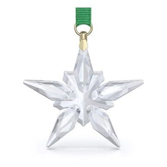 Swarovski Annual Edition Little Star Ornament 2025, Klarer Kristallstern mit 190 Facetten, Champagner-goldfarbenen Akzenten und Grünem Ripsband, Größe: 4.9 x 0.