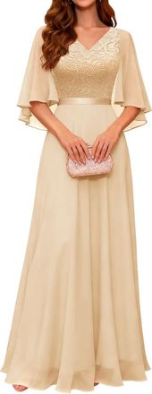 Dresstells Abendkleid Damen Hochzeit Festlich Ballkleid mit V-R&uuml;cken Brautkleid Chiffon Cape &Auml;rmel Spitzenkleid Elegant Lang Partykleid Champagne 2XL