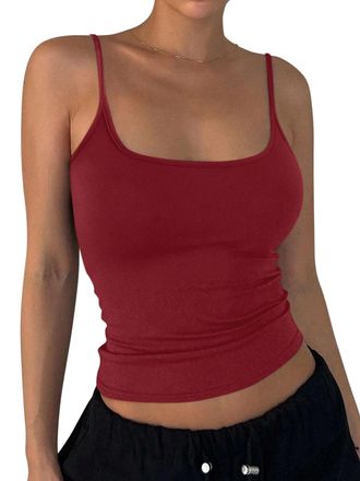 Onsoyours Spaghetti Top Damen Sommer Tank Top &Auml;rmellose Oberteile Sexy Slim Fit Cami Crop Top Einfarbig Basic Shirts A Weinrot XS