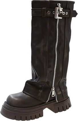 Generic Bottes montantes pour femme - Larges mollets - Style r&eacute;tro - Couleur unie - Talon &eacute;pais - Fermeture &eacute;clair - Antid&eacute;rapantes - Confortables - Pour laut