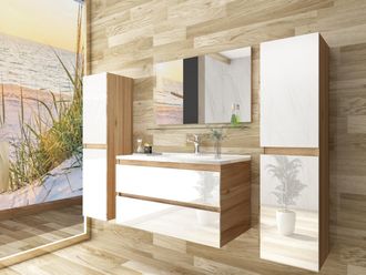 Atlantis Badmöbel Set Eiche Artizan Weiss Hochglanz Badezimmermöbel 90 cm