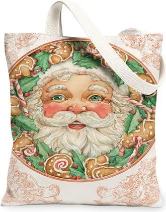 Generic Sacs fourre-tout vintage en toile avec motif de P&egrave;re No&euml;l, sacs d&eacute;picerie r&eacute;utilisables, l&eacute;gers et lavables en toile pour le shopping, les voyages, 33