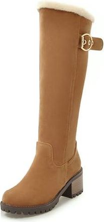 Generic Eestfy Bottes Hautes en Daim avec Doublure Sherpa Talon Bloc Boucle Dorée Semelle Crantée Plateforme Fermeture Latérale pour Voyage Marche Extérieure 