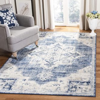 Safavieh Traditionell Teppich f&uuml;r Wohnzimmer, Esszimmer, Schlafzimmer - Brentwood Collection, Kurzer Flor, Elfenbein und Marineblau, 122 X 183 cm