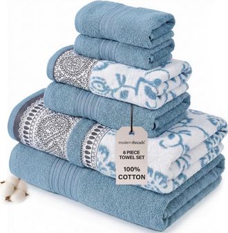 Modern Threads 6-teiliges Set, 2 Badet&uuml;cher, 2 Handt&uuml;cher, 2 Waschlappen garngef&auml;rbtes Jacquard/festes Handtuch-Set, Ophelia Blau