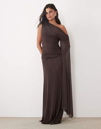 Asos Maxikleid aus Mesh mit Drapierung in Schokobraun