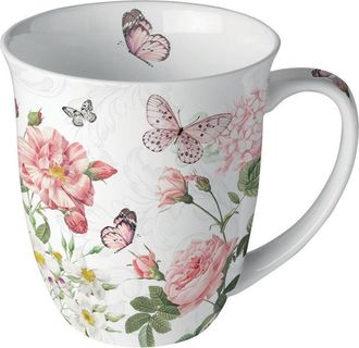 Ambiente Jumbotasse Kaffee/Tee gro&szlig;e Porzellantasse Henkelbecher 400 ml Rosengarten Rosen in zarten Farben Ganzjahresmotiv Fine Bone China serie Amelia