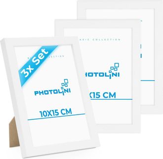 Photolini Bilderrahmen 10x15 Weiß MDF-Holz, 3er Set Poster-Rahmen, bruchsicheres Acrylglas, zum Aufhängen & Aufstellen, extra Zubehör - für Fotos & Poster