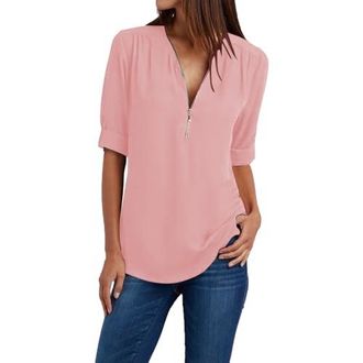 Generic Haut &agrave; manches 3/4 pour femme, chemisier pour femme, col en V confortable, fermeture &eacute;clair, tunique de couleur unie, grande taille, confortable, doux