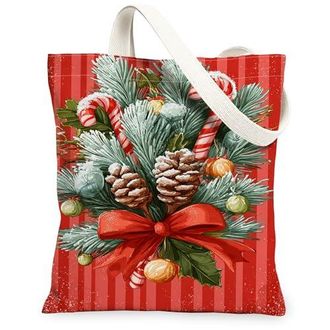 Generic Sacs fourre-tout r&eacute;utilisables en toile de pin de No&euml;l, motif floral, festif, l&eacute;ger, lavable, bandouli&egrave;re C, Rouge, 13x15 Inch