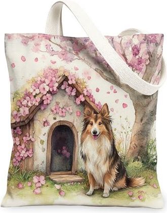 Generic Sac fourre-tout en toile motif chien de Collie printanier pour faire du shopping 33 x 38,1 cm, sac &agrave; bandouli&egrave;re r&eacute;utilisable pour femme, peinture dan