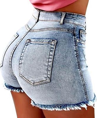 Generic Short en jean d&eacute;contract&eacute; pour femme - Ourlet brut effiloch&eacute; - Taille haute - Taille haute - Extensible - Jambe courte - Effet vieilli - Short moulant
