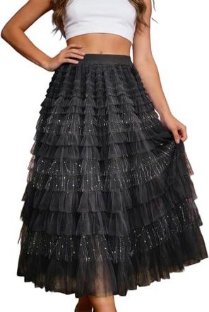 Generico Jupe tutu longue en tissu maille, taille &eacute;lastique jusquau genou, jupe maxi irr&eacute;guli&egrave;re pour f&ecirc;tes et robe de bal en tulle pour femme, Noir, Taille Un