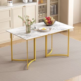 Generic Moderner Esstisch mit Marmoroptik und gebogenen Tischbeinen, Stabiler Küchentisch mit verstellbaren Füßen, Esstisch für Esszimmer und Wohnzimmer, pfle