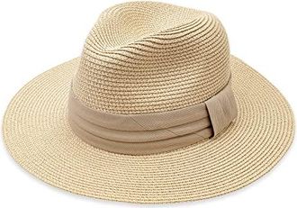 Dreshow Femme Homme Chapeau de Paille Panama Chapeau Été Large Bord Chapeau de Soleil Anti-UV pour Plage Voyage Fedora Chapeau de Soleil, Taille Unique, Ribbo