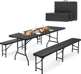 Sekey Bierzeltgarnitur Klappbar, Kunststoff Biertischgarnitur 180cm, 3-teilig Set Tisch + 2 x Bierbank mit Tragegriffe, Gartenm&ouml;bel Set f&uuml;r drinnen drau&szlig;en,