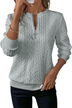 Onsoyours Sweatshirt Femme Col Rond Pullover avec Zipp&eacute; D&eacute;contract&eacute; Chic Manches Longues Shirt Doux L&acirc;che Mode Hauts Automne Hiver Tops Sport Streetwear A01 Gri