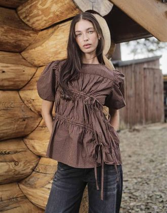 Daisy Street Bluse mit Smokpartie und Puff&auml;rmeln in braun-orange kariert-Multi