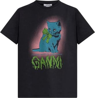 Ganni Femme, Tops, Noir, Taille: 36 FR Basic Cotton Jersey Neon Kitty T-Shirt Phantom 252