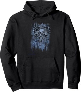 Trendy Apparel Distressed Skull Wings and Blades Graveyard Pullover Hoodie