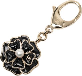Chanel Black Enamel Camellia and Faux Pearl Key Chain