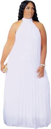 Rismart Femme Robe en Mousseline de Soie sans Manches Licou Plissé Cocktail Long Robe dEté Blanc,XL