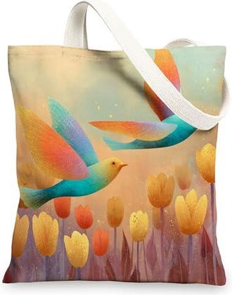 Generic Sacs fourre-tout en toile artistique, sacs à provisions réutilisables motif oiseau coloré, sacs à provisions légers et lavables avec bandoulière, mult